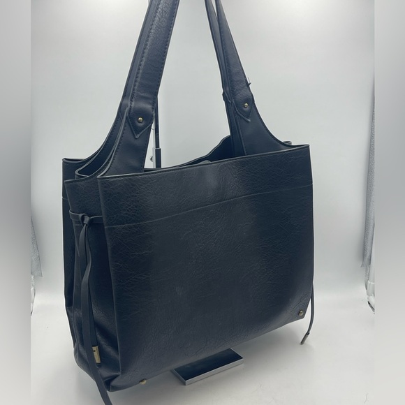 Bags | Black Faux Leather Unlined Tote Bag W 2 Interior Zipper Pockets ...